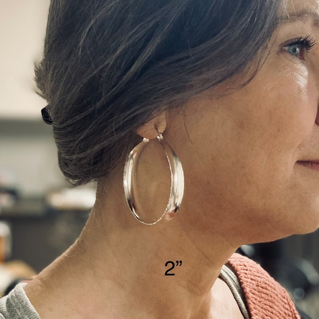 Silver Saddle Hoop Earrings, Wide, Chunky, Handmade, Lightweight, 2 Inch Silver Statement Hoops ...