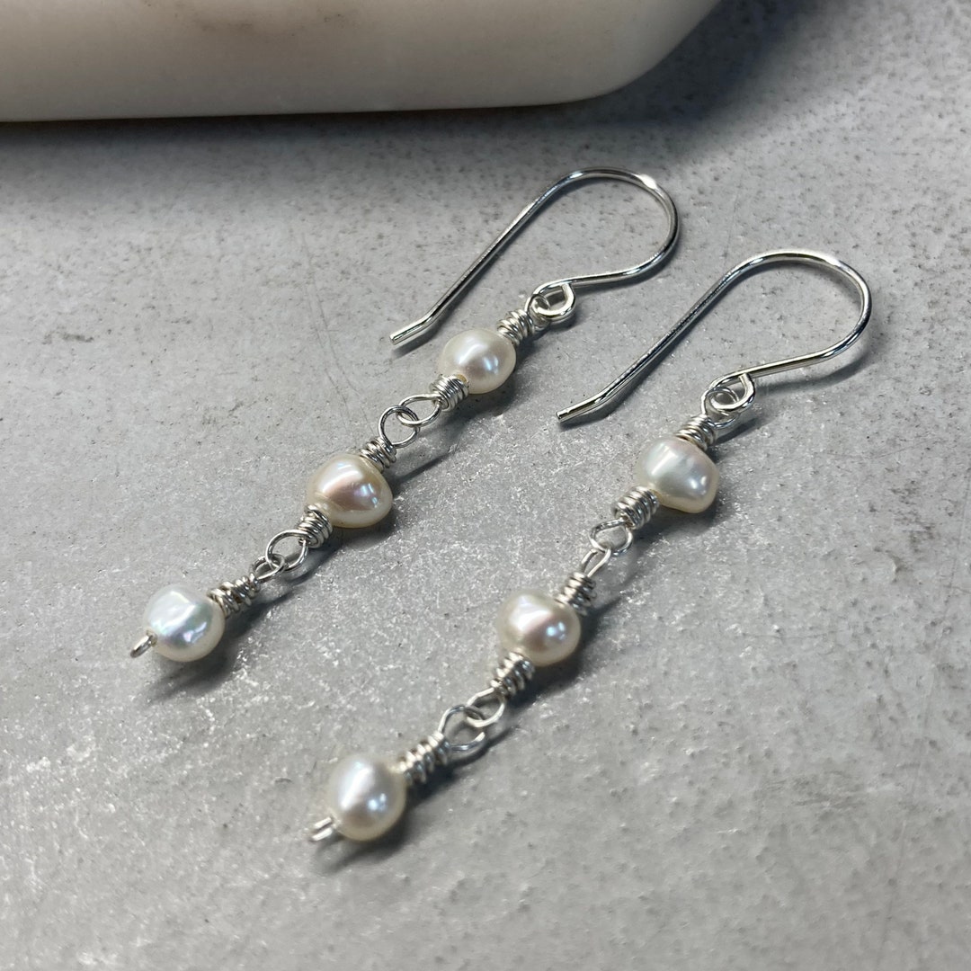 Pearl Drop Earrings, Stacked Freshwater Pearl Dangles, Wire Wrapped ...