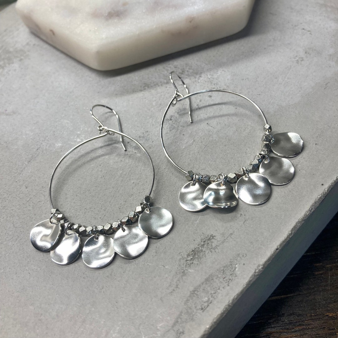 Disc Charm Hoop Earrings Beaded Coin Hoop Earrings Silver or - Etsy
