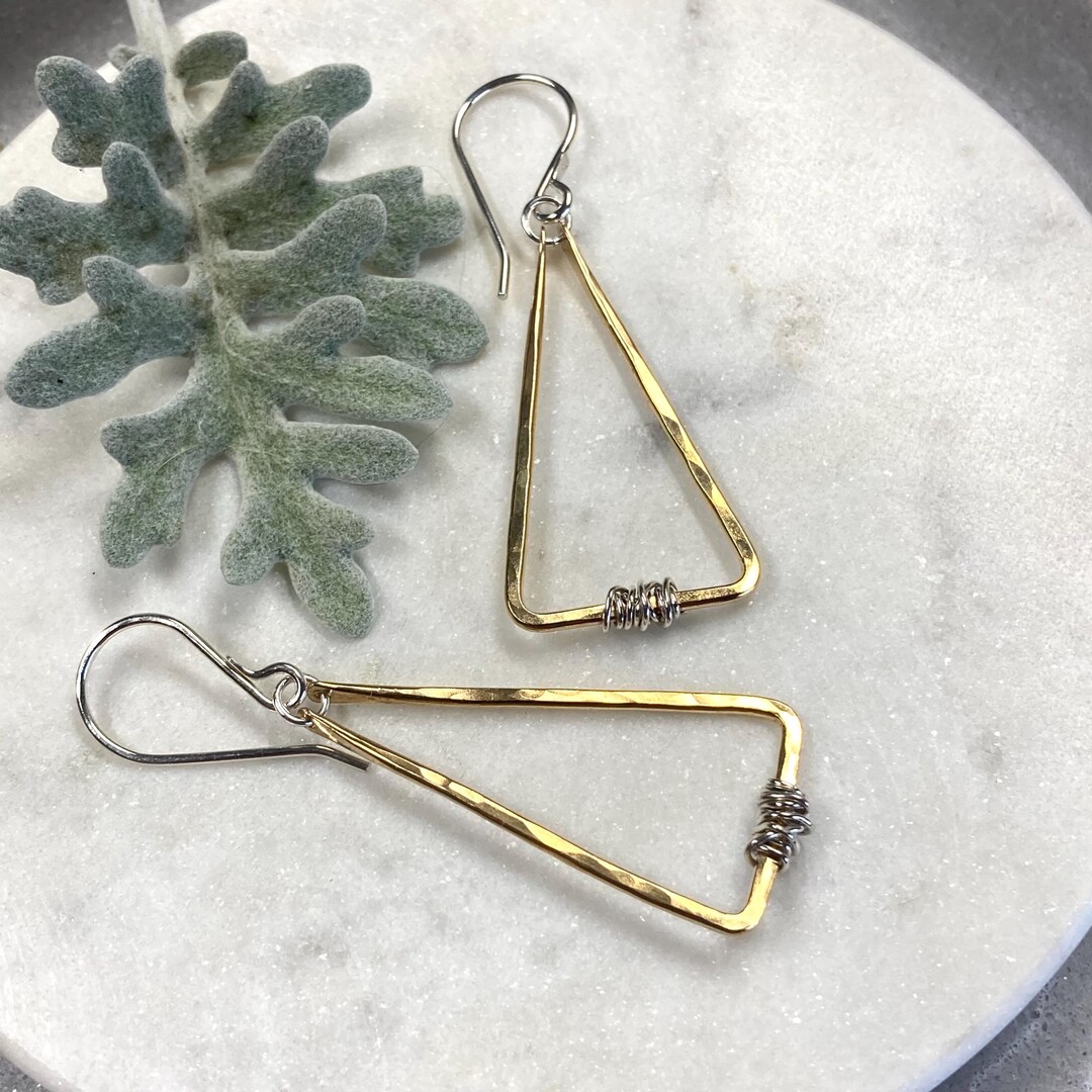 Triangle Shaped Earrings, Mixed Metal Geometric Jewelry, Gold Dangle ...