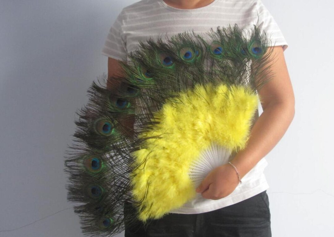 14*24inch Peacock Yellow Large Feather Fan Burlesque Dance Feather Fan ...