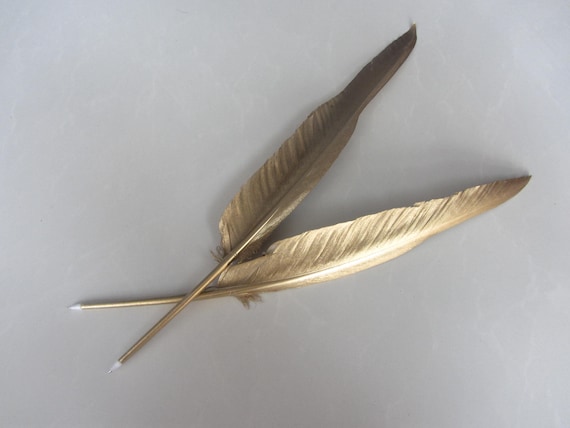2 Gold Turkey Quill Feather Pen Golden Wedding Pen Feather - Etsy