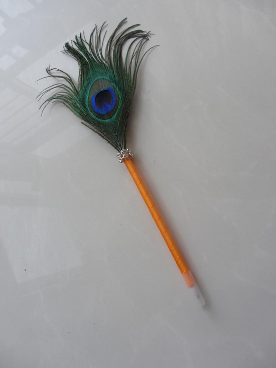 2 Orange Peacock feather pen with Rhinestone | Etsy