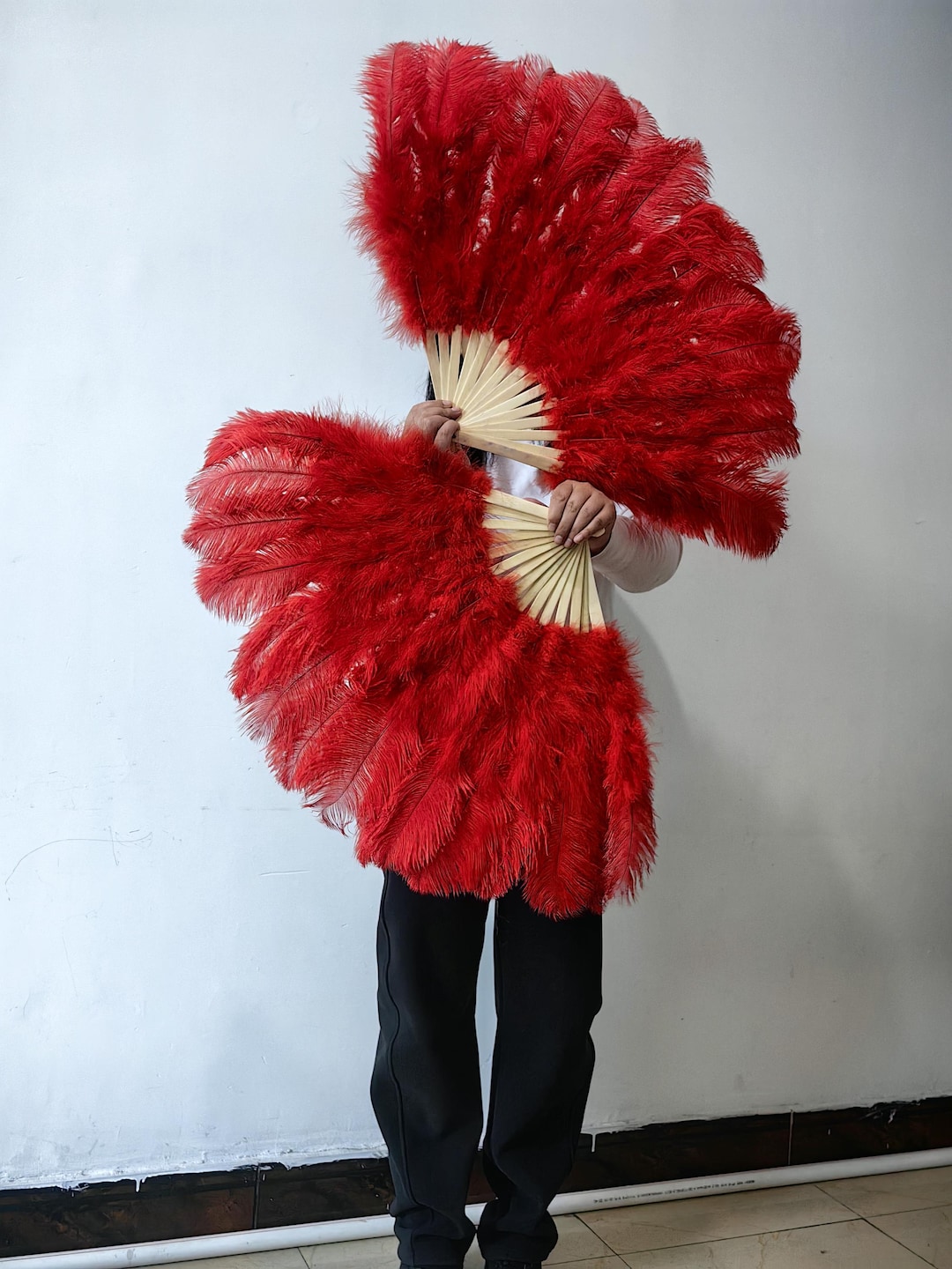 90x50cm Red Large Ostirch Feather Fan Burlesque Dance Feather Fan ...