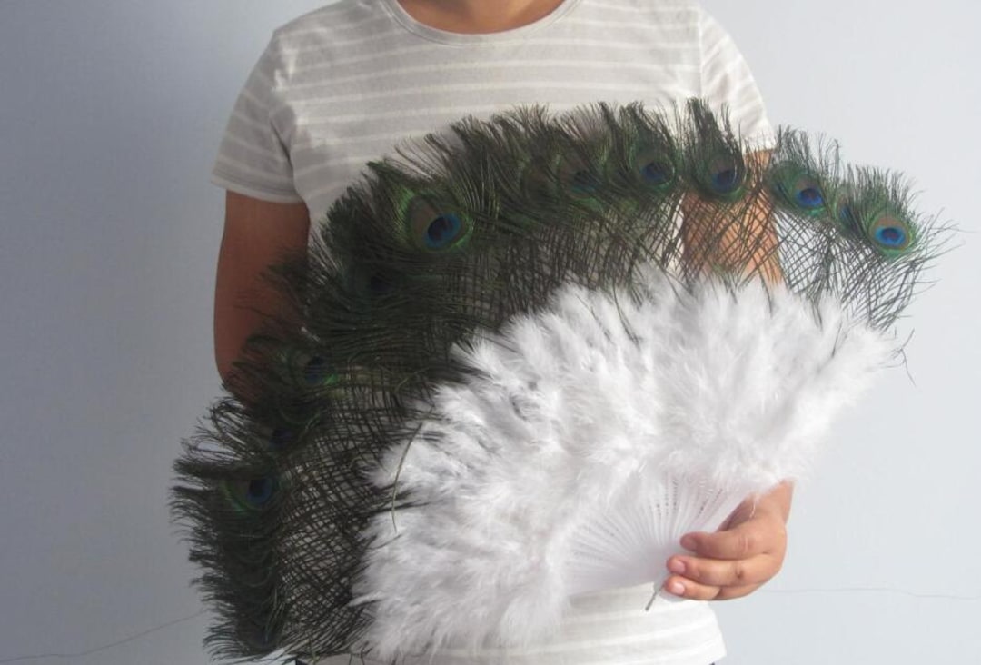 14*24inch Peacock White Large Feather Fan Burlesque Dance Feather Fan ...