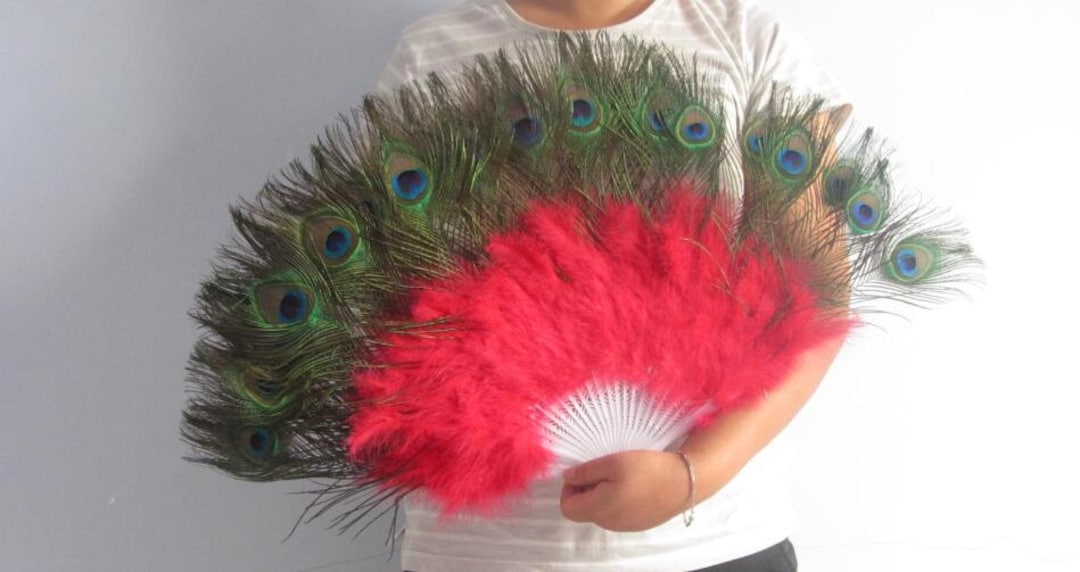 14*24inch Peacock Red Large Feather Fan Burlesque Dance Feather Fan ...