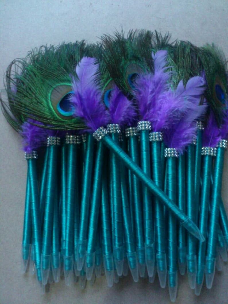 2 Turquoise Peacock Feather Pen With Rhinestone - Etsy