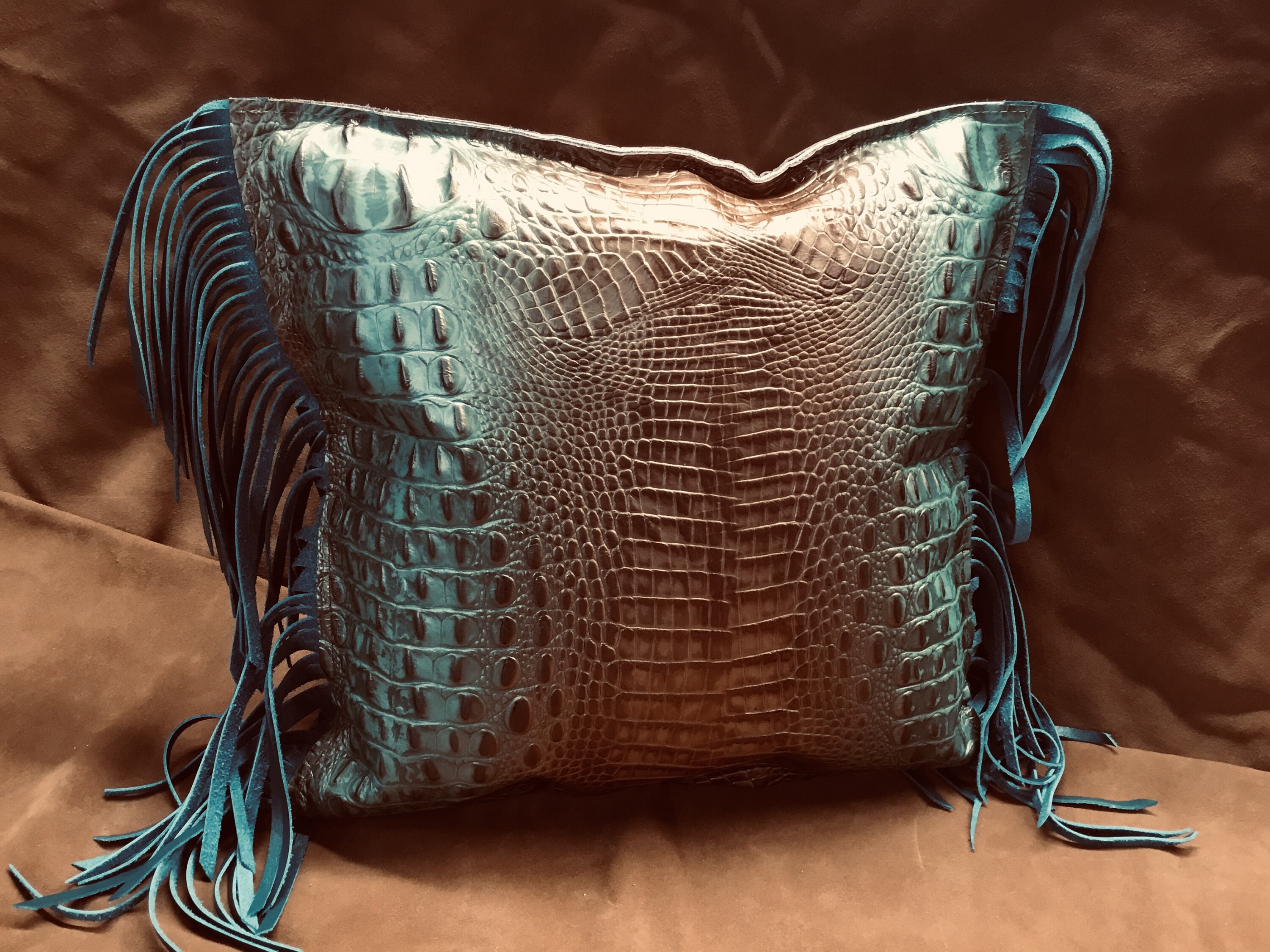 Handcrafted Raw Edge Cow Hide and Alligator Embossed Leather Pillow