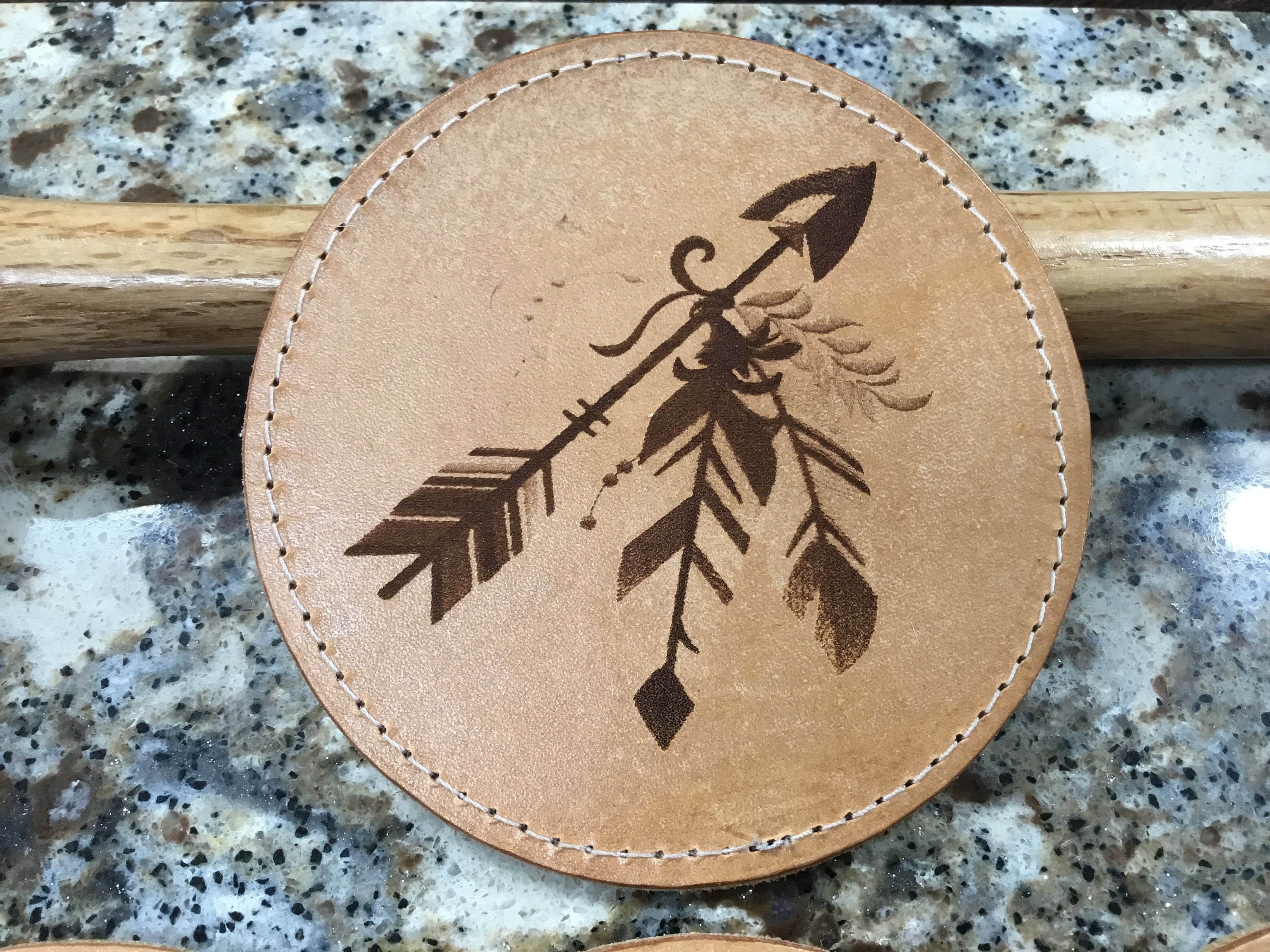 Handcrafted Laser Engraved Arrow and Feathers Top Grain Leather Coaster Set
