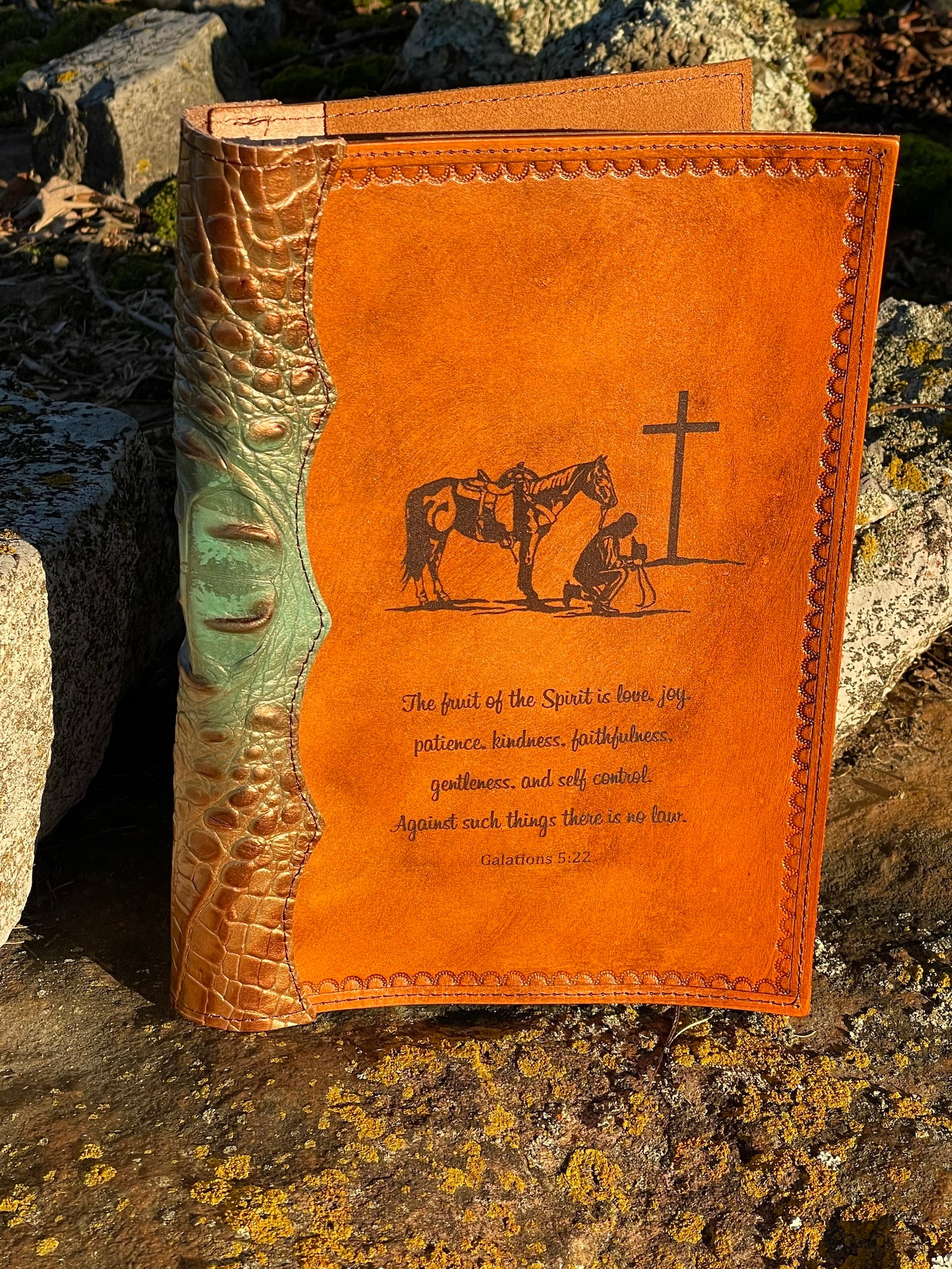 Handcrafted Laser Engraved Praying Cowboy Leather Bible Cover With ...
