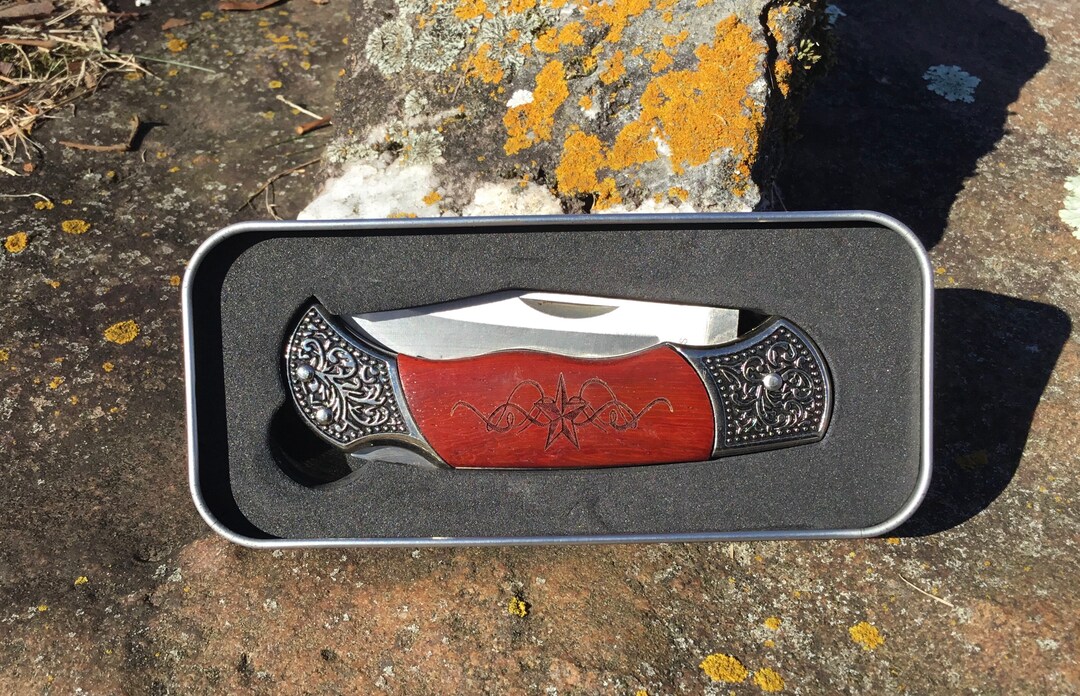 Laser Engraved Star With Scroll Rosewood Pocket Knife - Etsy