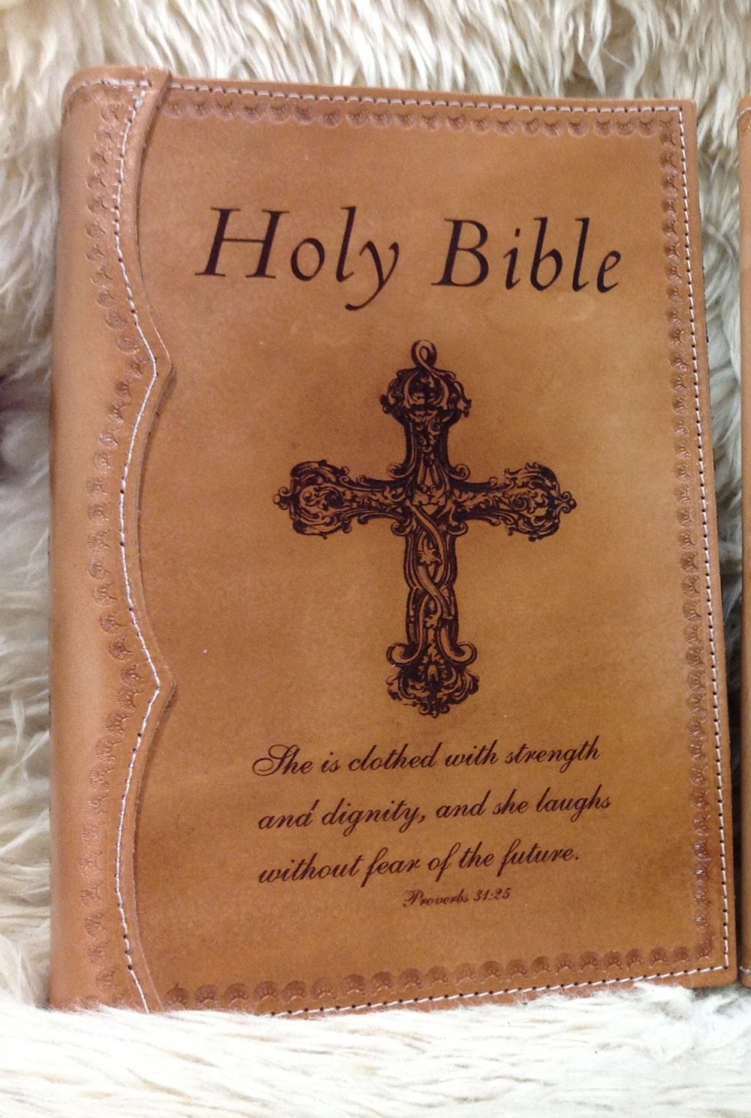 Handcrafted Full Leather Bible Cover Laser Engraved With Proverbs 31:25 ...
