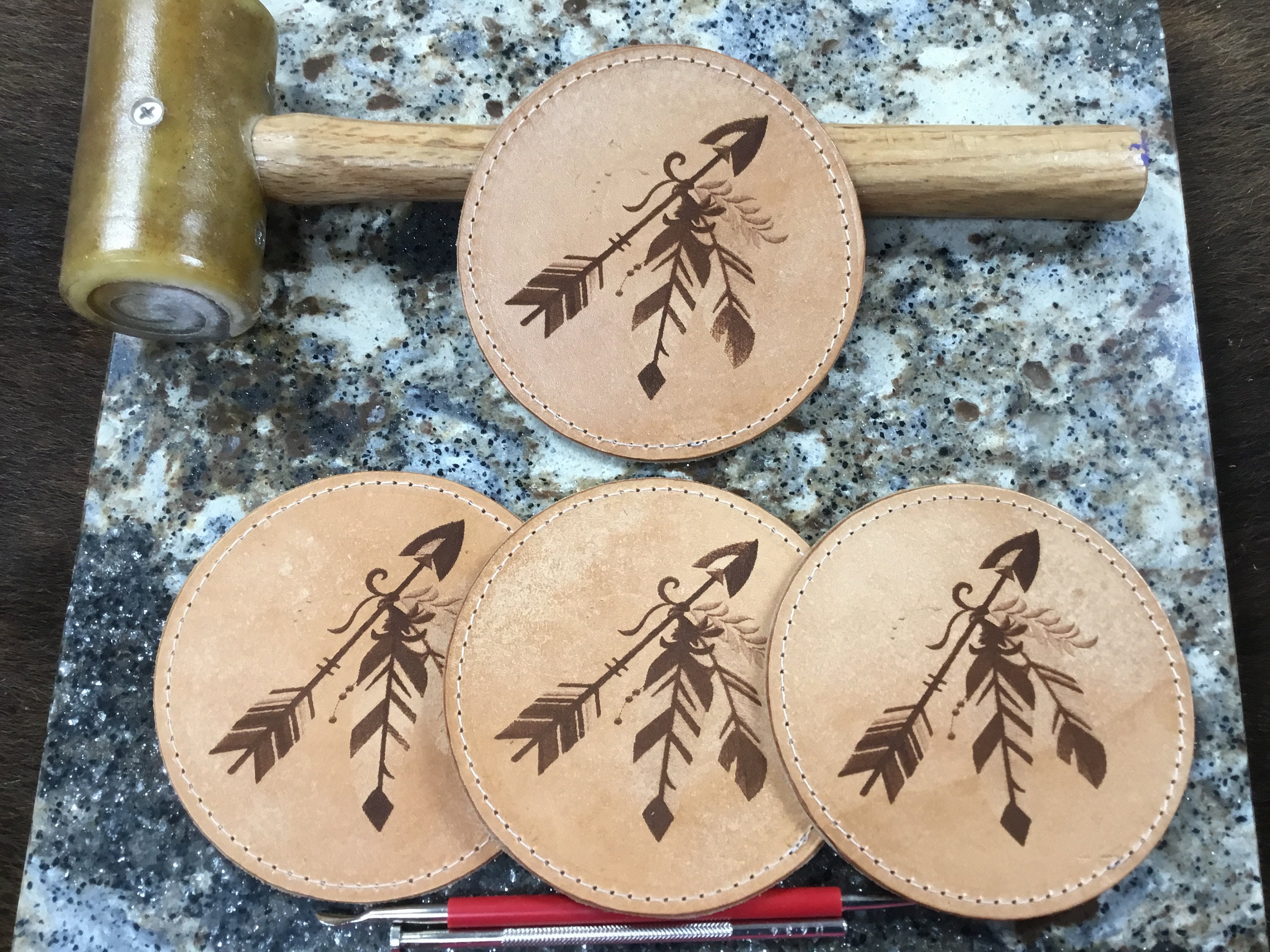 Handcrafted Laser Engraved Arrow and Feathers Top Grain Leather Coaster Set