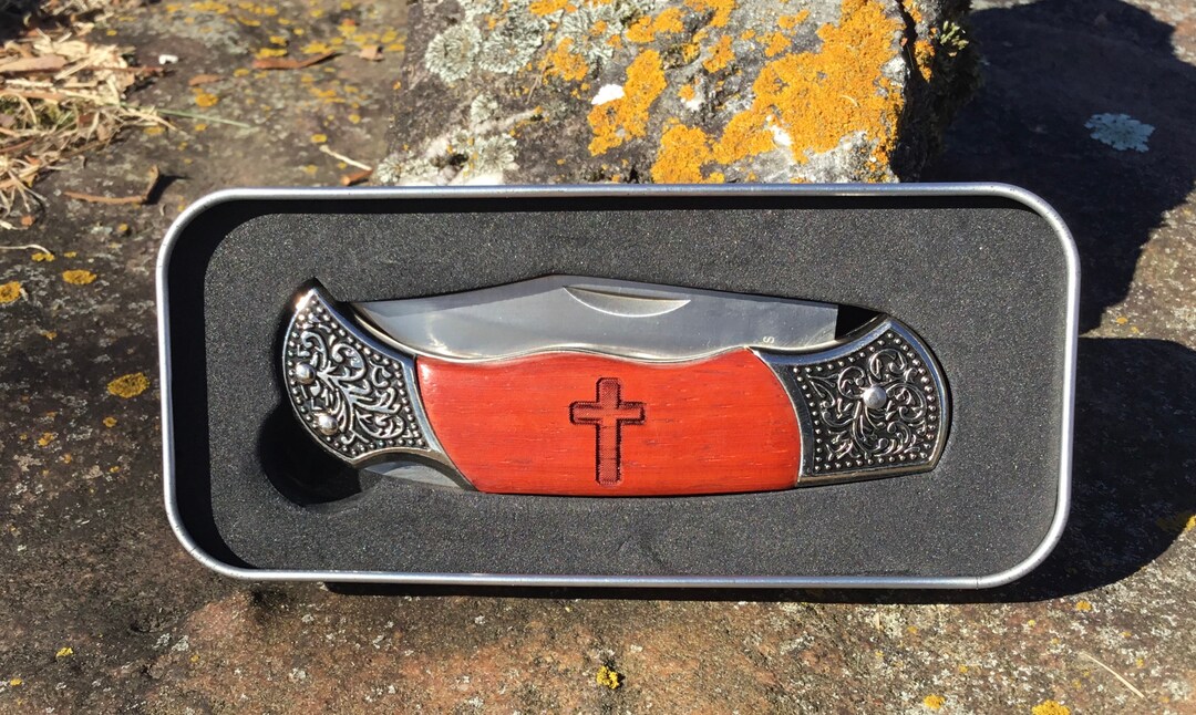 Laser Engraved Cross Rosewood Pocket Knife - Etsy