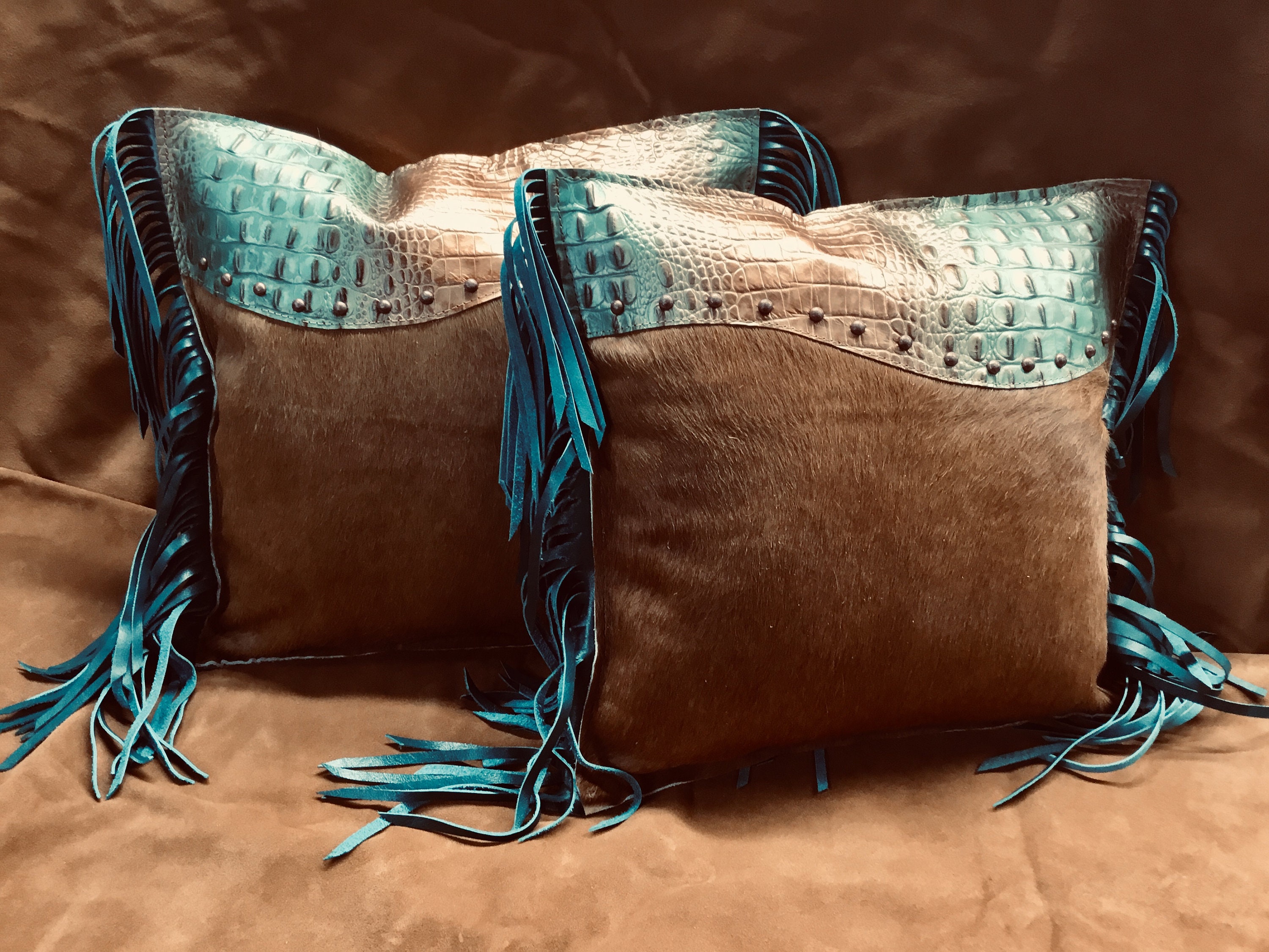 Handcrafted Cow Hide and Leather Fringed Pillow