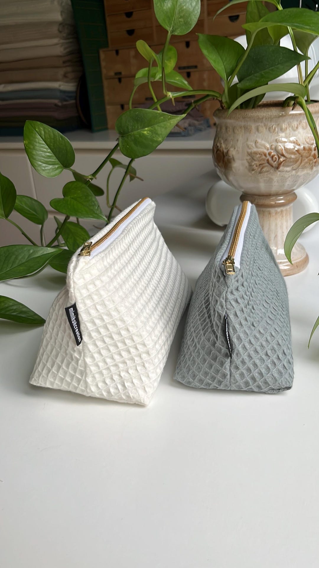 Triangle Waffle Weave - 2 Sizes Zip Pouches, Makeup-, Cosmetic Bag, Eco ...