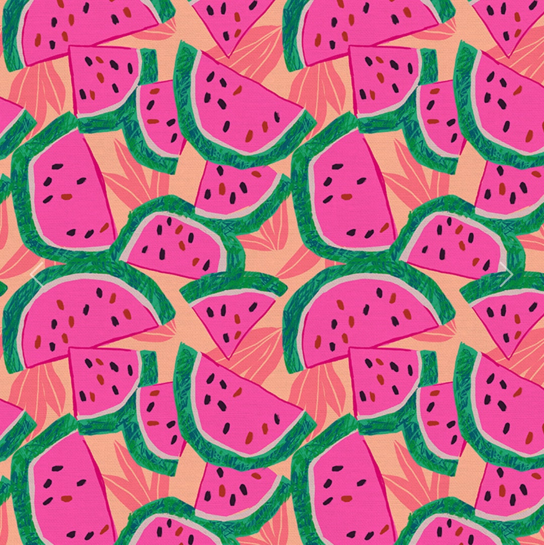 Pink and Green Watermelons on Coral Fabric | Paintbrush Studio | Fruit ...