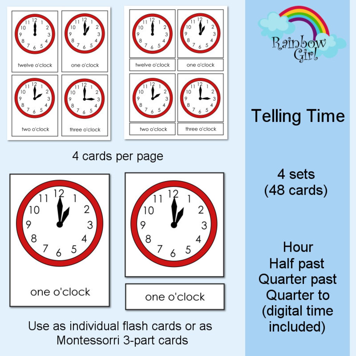 Telling Time / Flash Cards / 3-part Cards / Montessori / Nomenclature ...