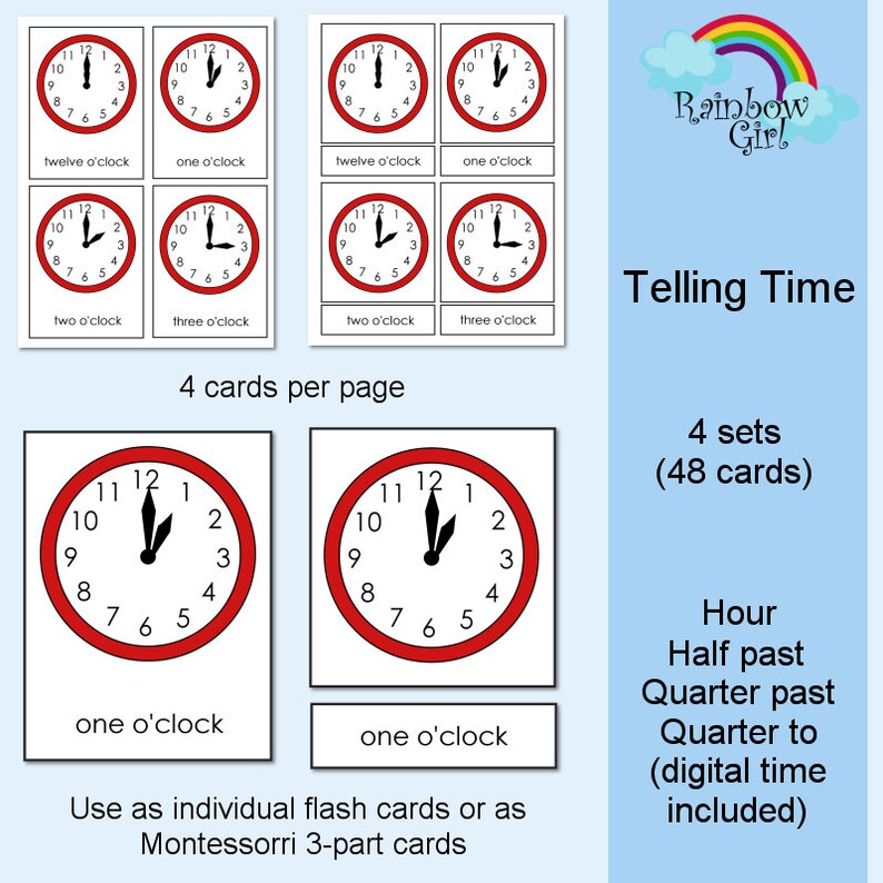 Telling Time / Flash Cards / 3-part Cards / Montessori / Nomenclature ...