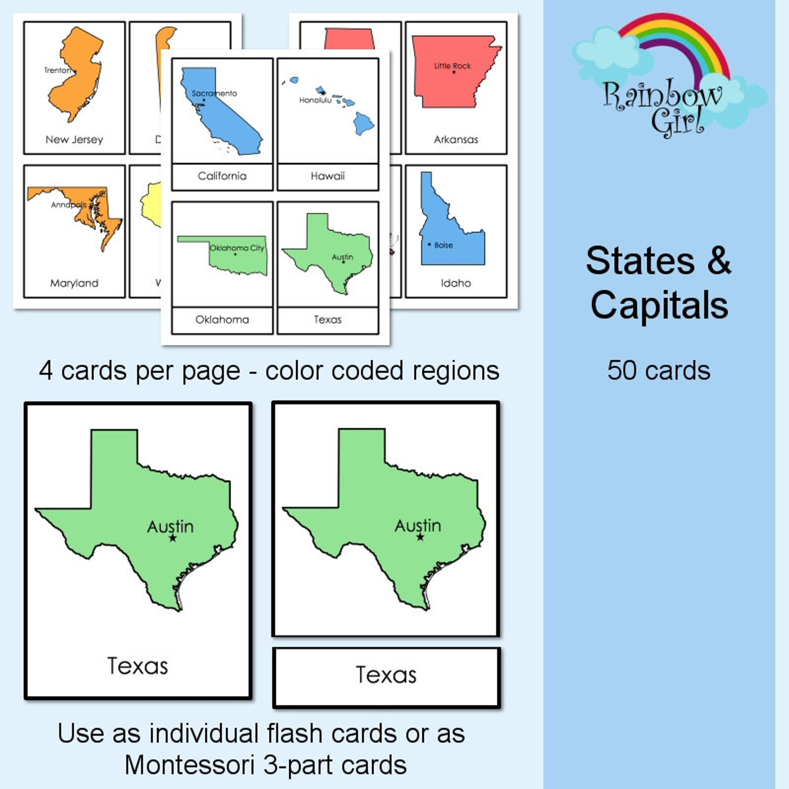 US States & Capitals / Flash Cards / Montessori / 3-part Cards ...