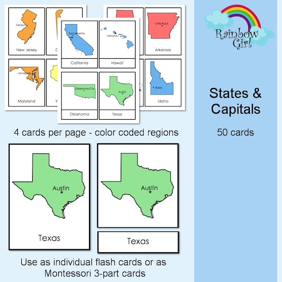 US States & Capitals / Flash Cards / Montessori / 3-part Cards - Etsy