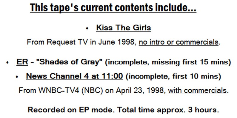 1998 VHS Recorded Video Tape, Request Tv Kiss the Girls, NBC ER, News ...