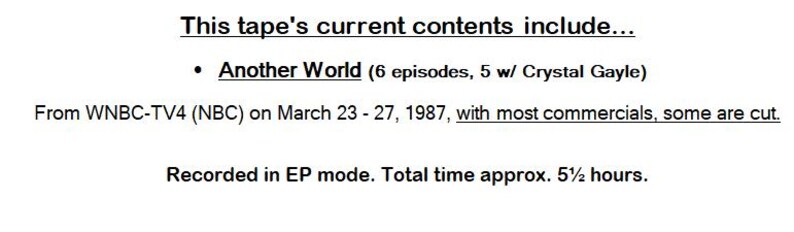 1987 VHS Recorded Video Tape, NBC Another World, Crystal Gayle, Soap ...