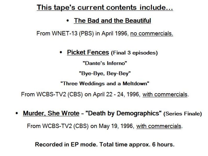 1996 VHS Recorded Video Tape, CBS Murder She Wrote Finale/picket Fences ...