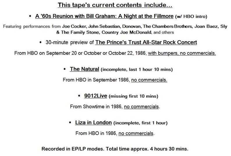 1986 VHS Recorded Video Tape, Hbo/showtime Concerts, Yes/60s Reunion ...