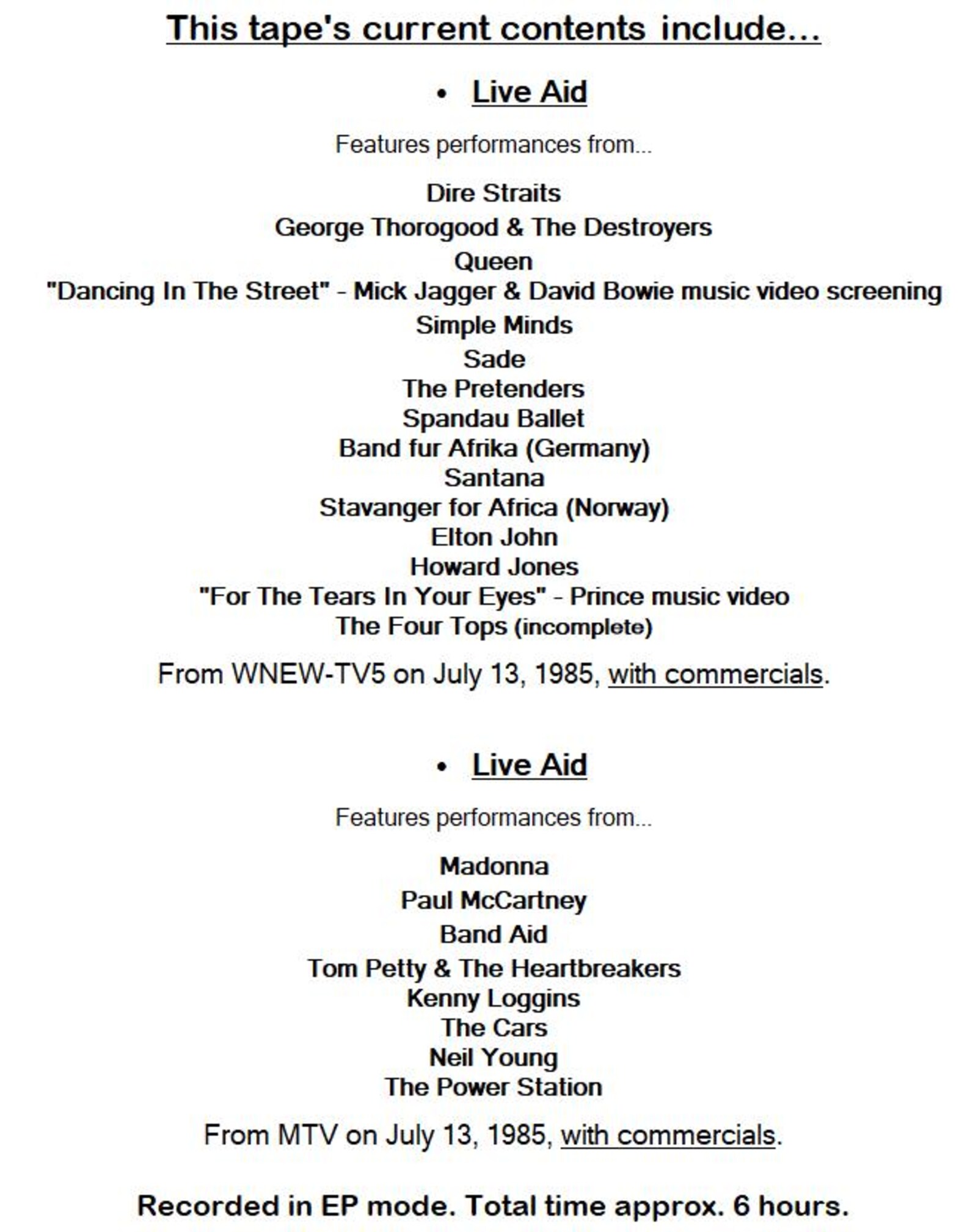 1985 VHS Recorded Video Tape, Live Aid Tape #1, WNEW/MTV Broadcasts ...