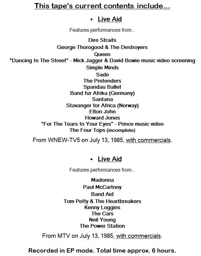 1985 VHS Recorded Video Tape, Live Aid Tape #1, WNEW/MTV Broadcasts ...