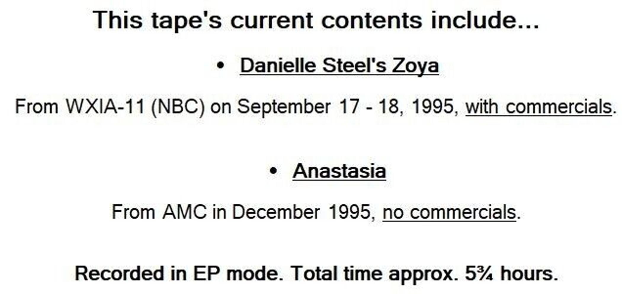 1995 VHS Recorded Video Tape, NBC Danielle Steel Zoya, AMC Anastasia ...