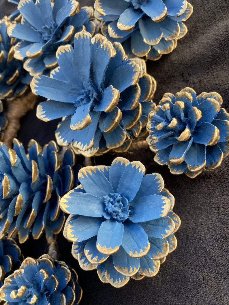 Crown of Pine Cones of 28 Cms in Intense Blue and Gold. Hand Painted ...