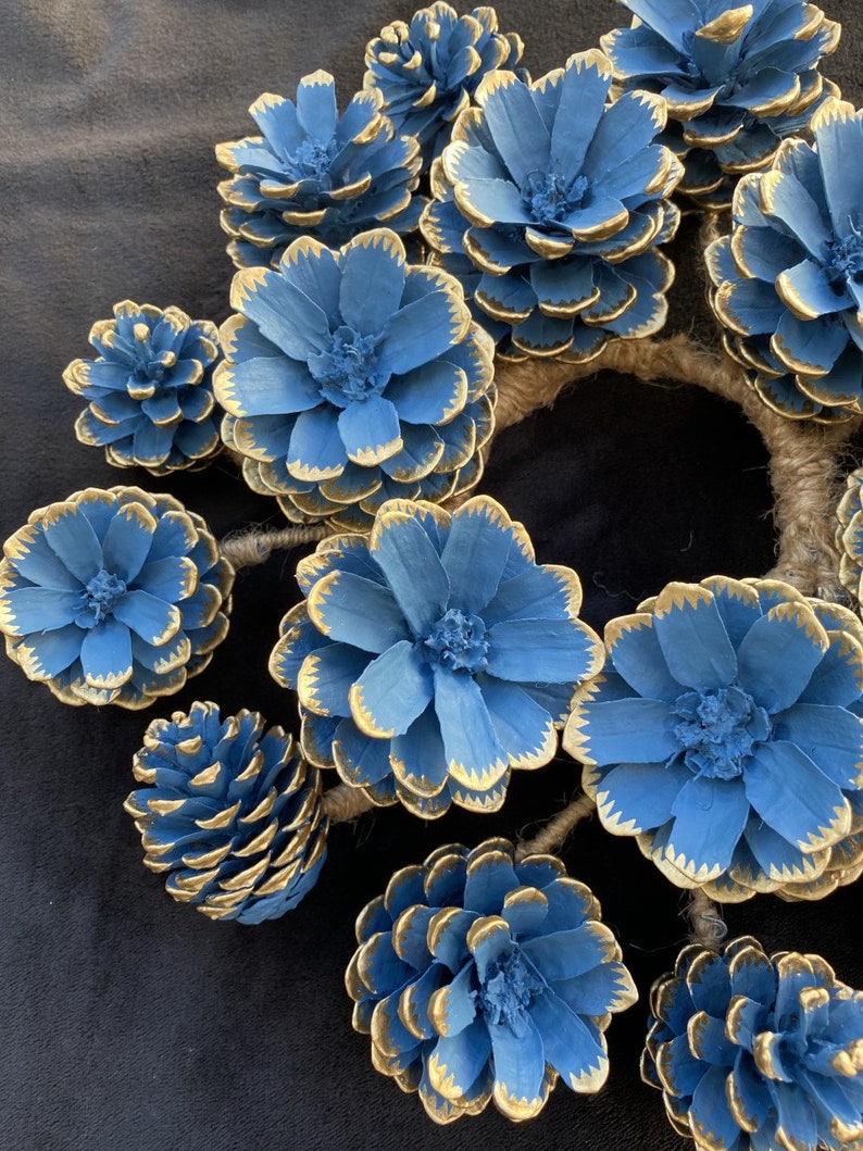 Crown of Pine Cones of 28 Cms in Intense Blue and Gold. Hand Painted ...