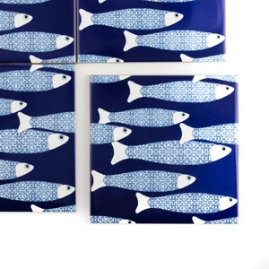 Navy Blue Fish Tile, Ocean Tile Feature Wall, Fish Decor, Pattern ...