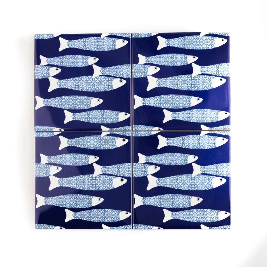 SET of 20 Navy Blue Fish Tiles, FREE UK Delivery, Ocean Tile Feature ...