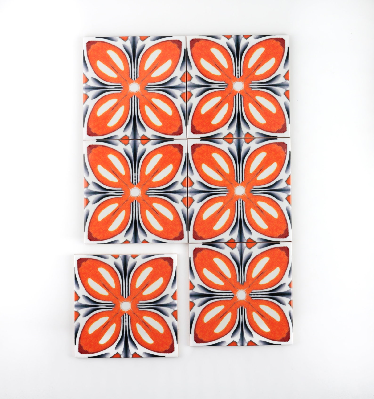 Orange Grey Flower Tiles, Vibrant Splashback Kitchen Tiles, 4 Inch ...
