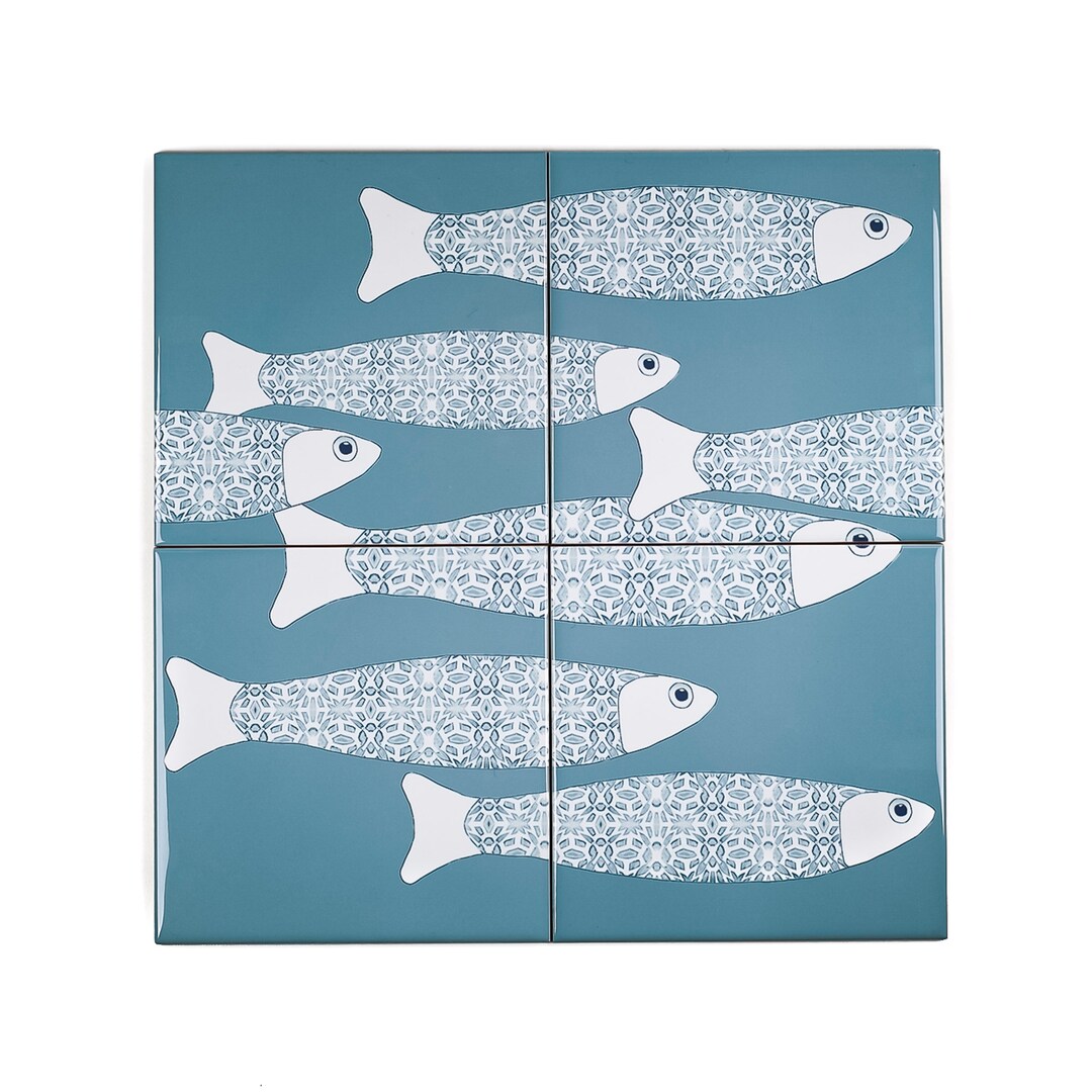 Grey Blue Fish Tile - Ocean Tile - Border Tile Mural - Set of Four ...