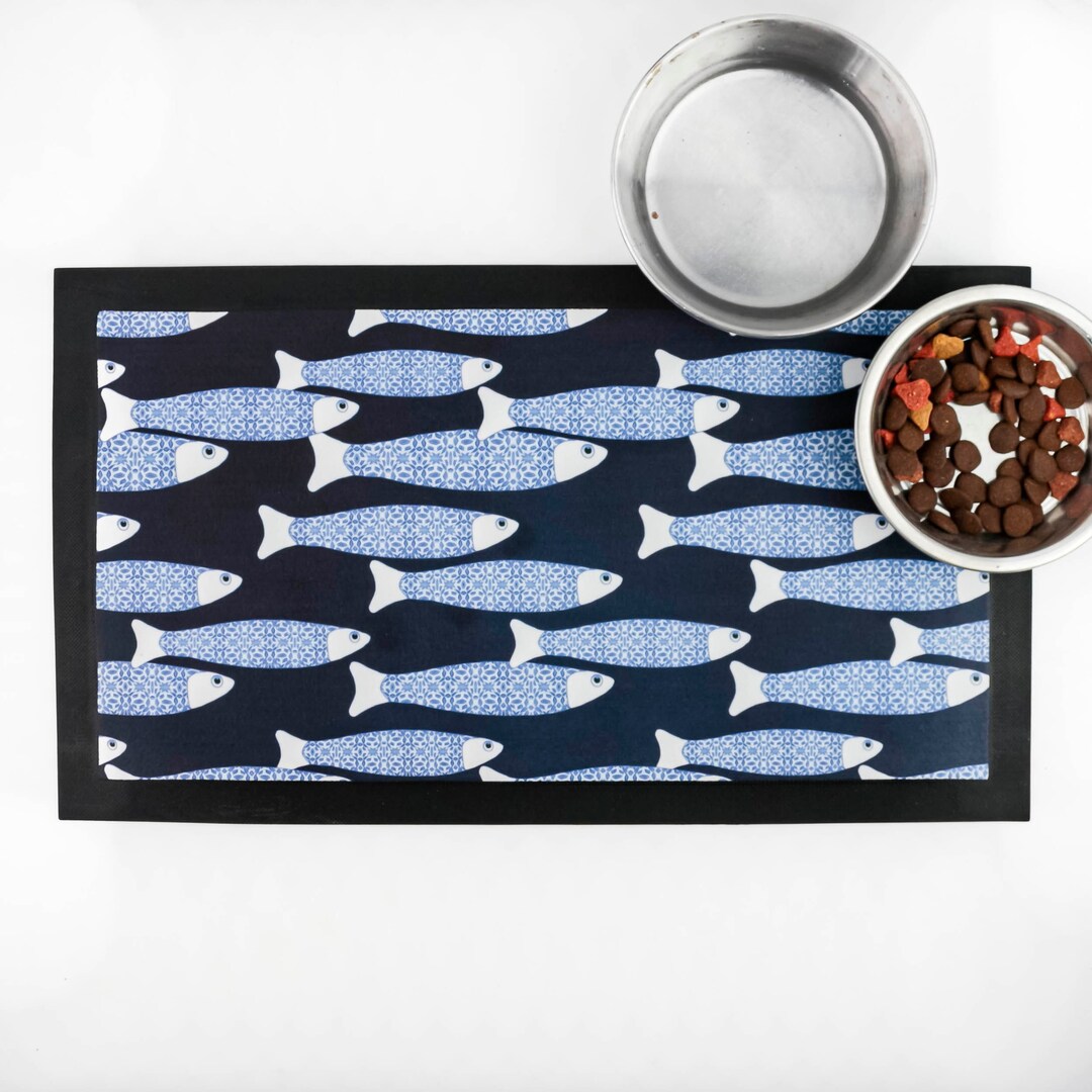 Dark Navy Ocean Fish Cat Food Mat, Waterproof Floor Protector, Artist ...