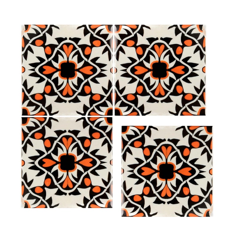 Mexican Style Ceramic Splashback Tiles, Orange Black Cream Kitchen ...