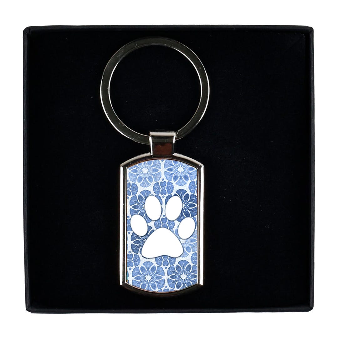 Pawprint Keyring, Patterned Paw Key Ring, Blue White Dog Owner Key Fob ...