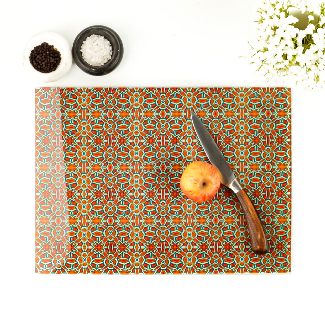 Red Orange Teal Worktop Saver, Handprinted Tudor Rose Design, Toughened ...