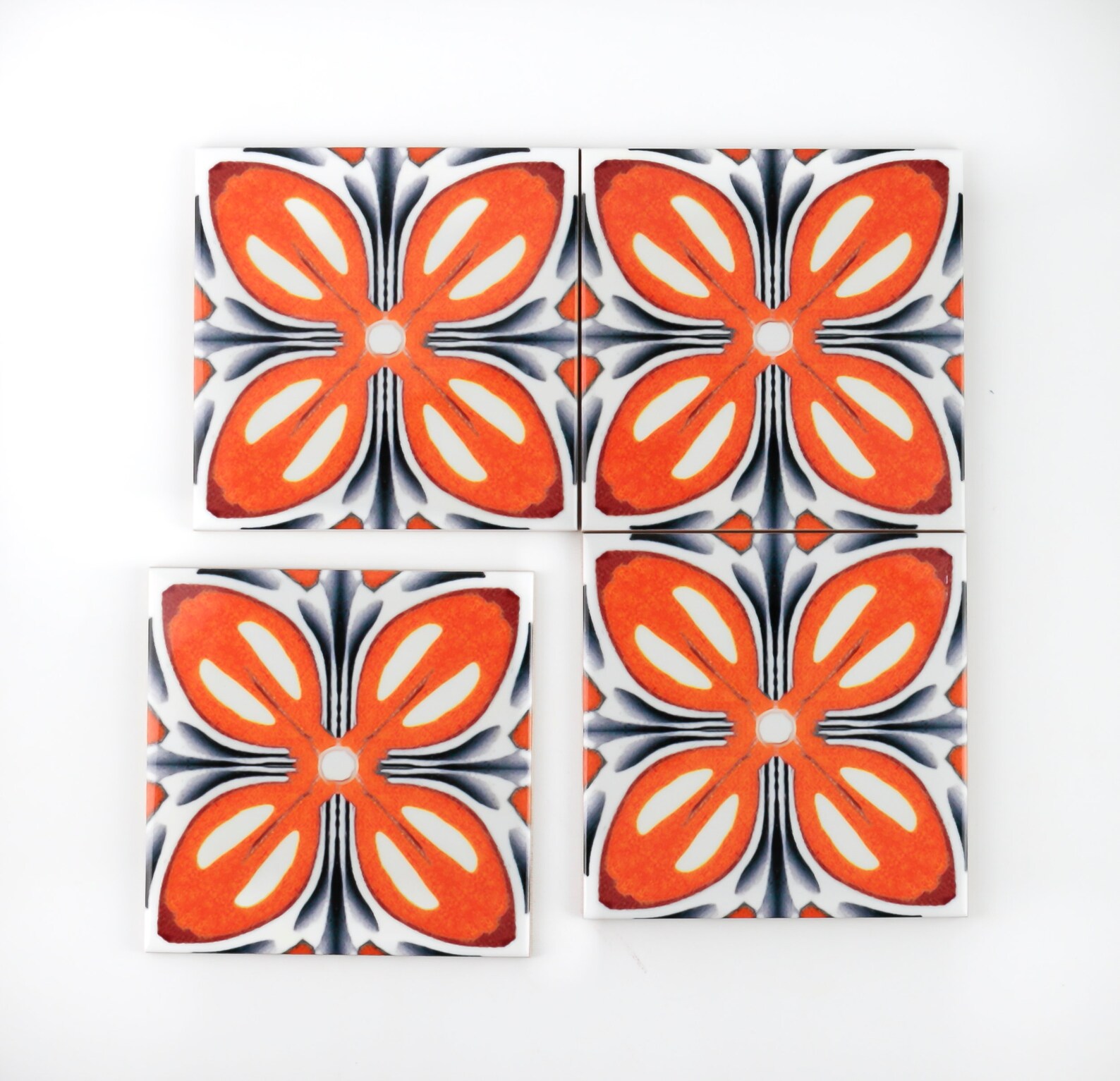 Orange Grey Flower Tiles, Vibrant Splashback Kitchen Tiles, 4 Inch ...