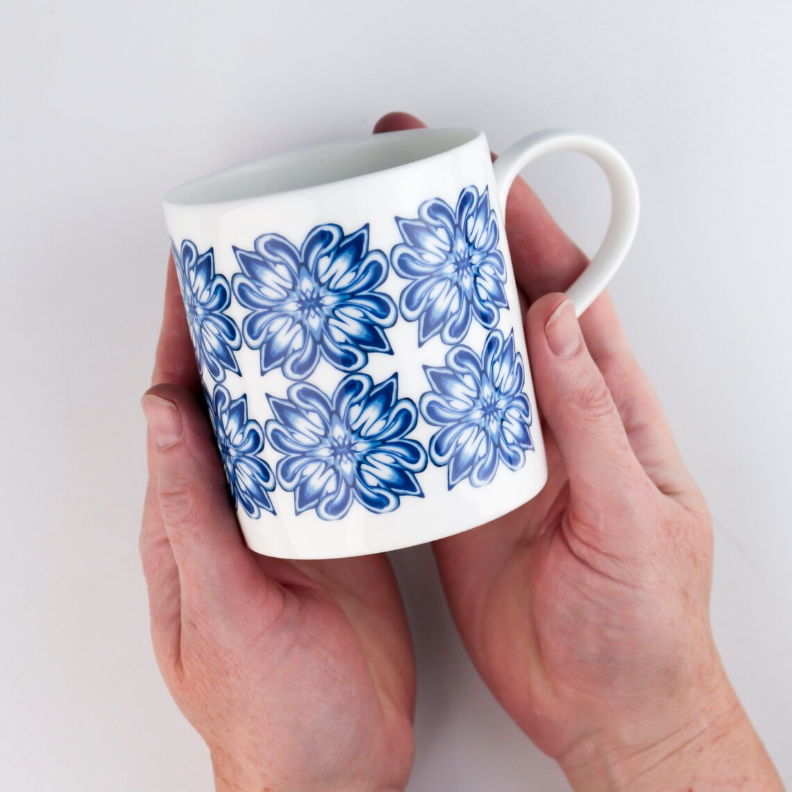 Large Blue Bone China Mug - Pretty Flower Design - Navy Blue and White ...