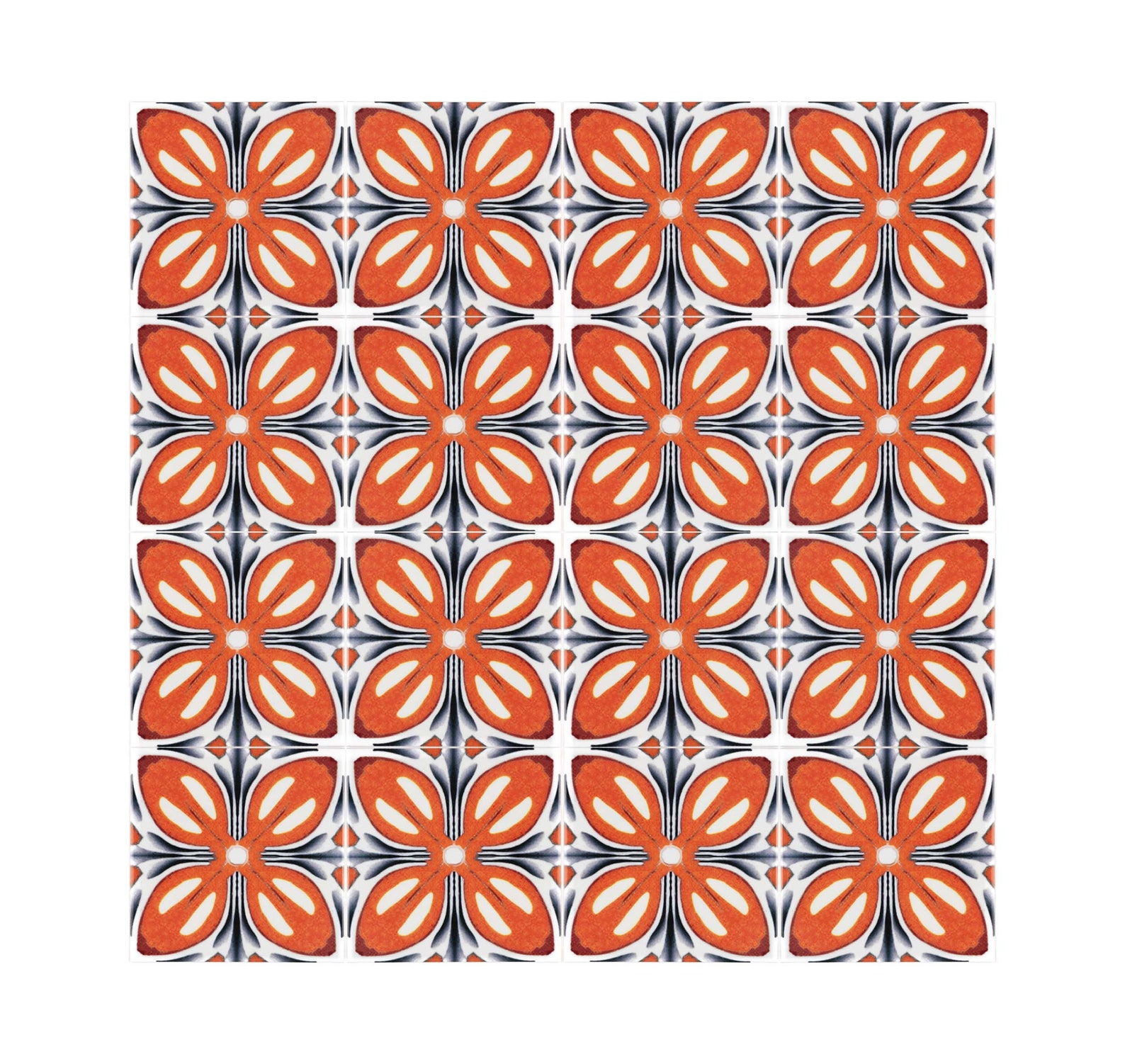 Orange Grey Flower Tiles, Vibrant Splashback Kitchen Tiles, 4 Inch ...