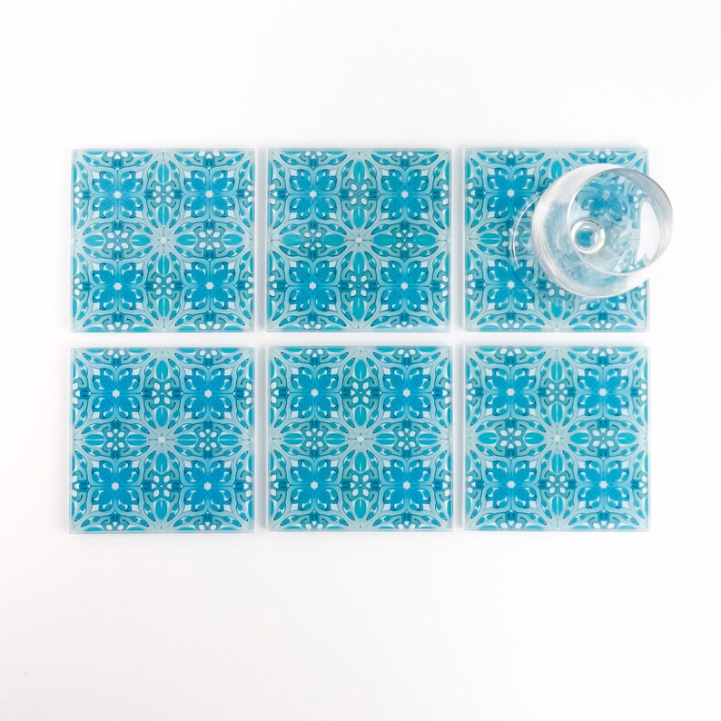 Blue Art Deco Coaster Set - Turquoise Tableware - 4 Blue Drink Coasters ...
