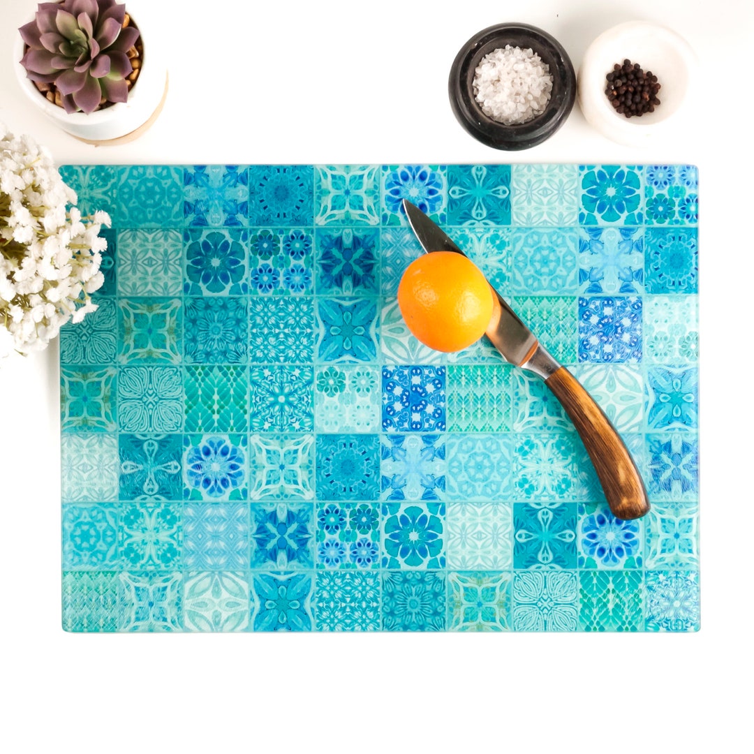 Turquoise Aqua 'tiles' Worktop Protector, Pretty Sea Glass Colours Chop ...