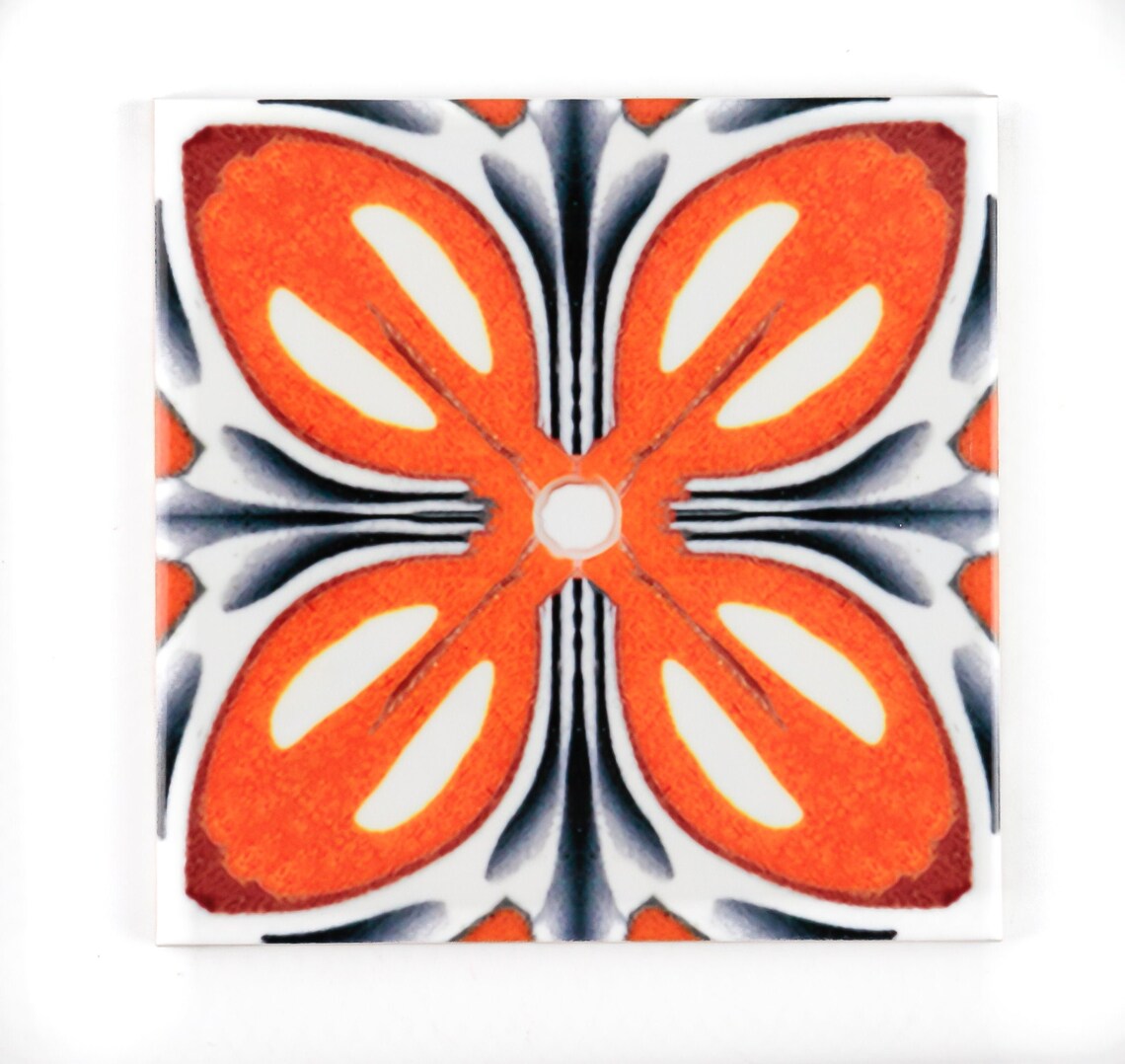 Orange Grey Flower Tiles, Vibrant Splashback Kitchen Tiles, 4 Inch ...