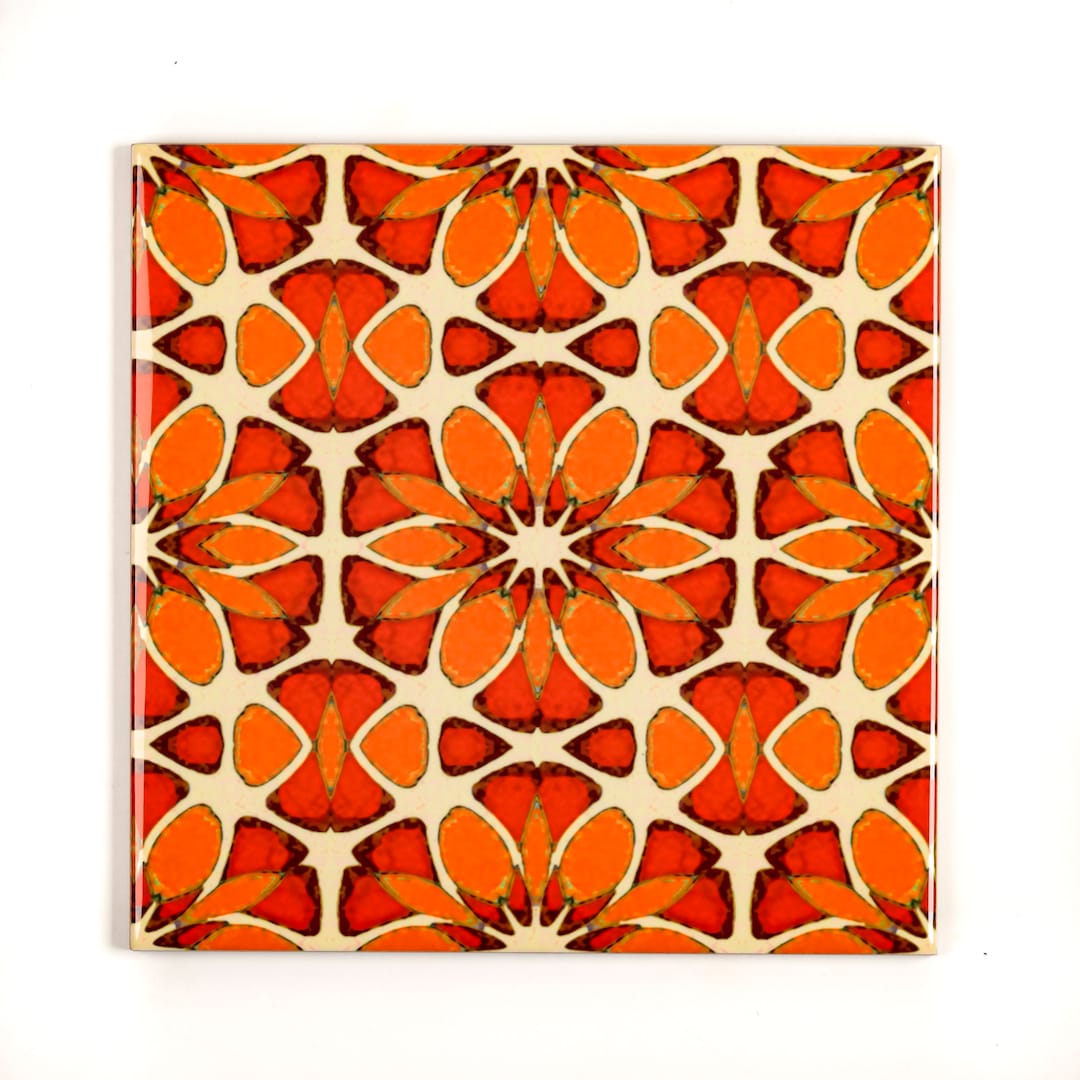 Moroccan Flower Tiles, Arts and Crafts Tiles, Orange Apricot Cream ...