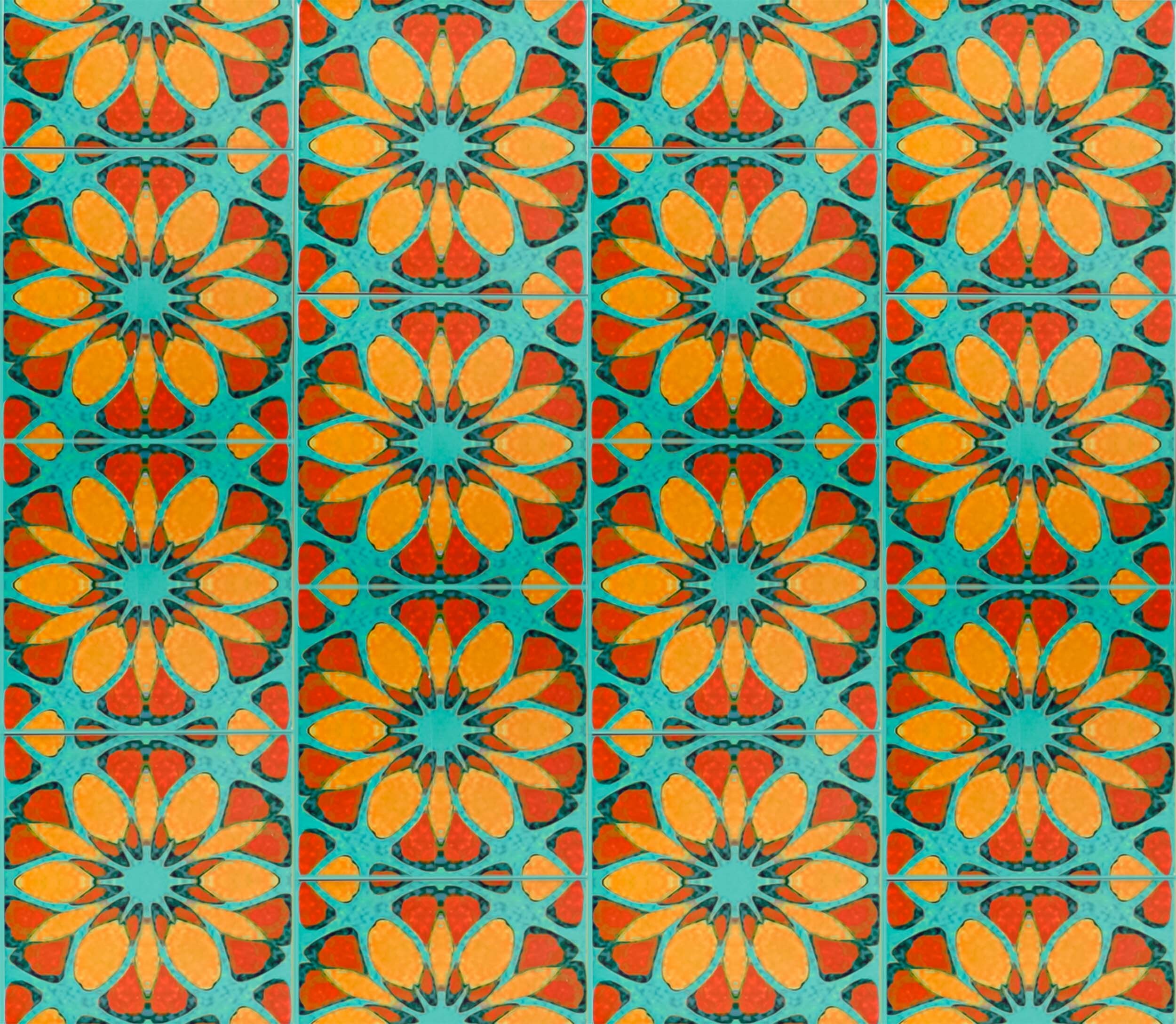 Moroccan Flower Tiles, 6 Inch Blue Orange Ceramic Tiles, Colourful ...